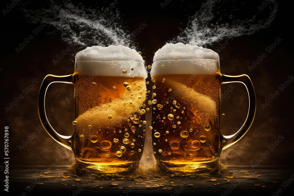 Two frothy steins of golden beer with bubbles rising to the top ...