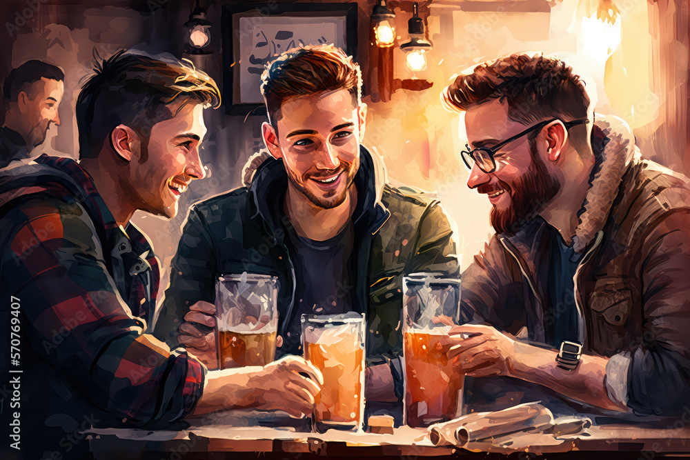 Friendship bonding moment - Three male friends enjoying cold beers and ...