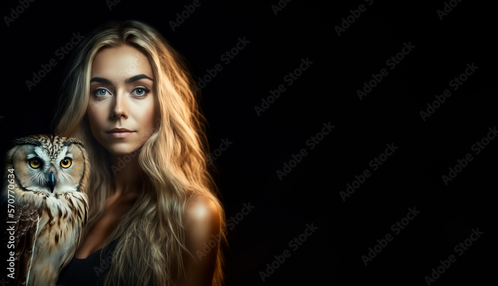 Beautiful blonde model woman holding an owl very close to her, on a ...