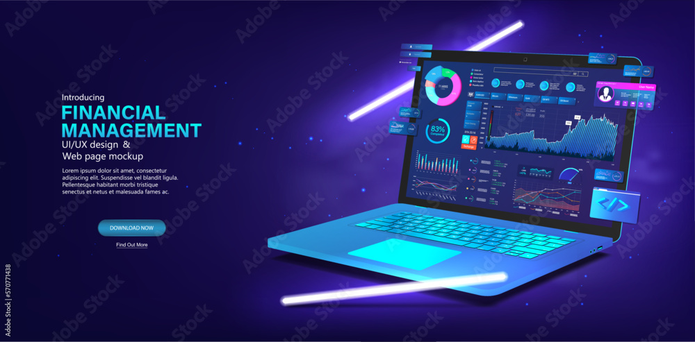 Futuristic 3D laptop with analytical dashboard, graphic, charts ...