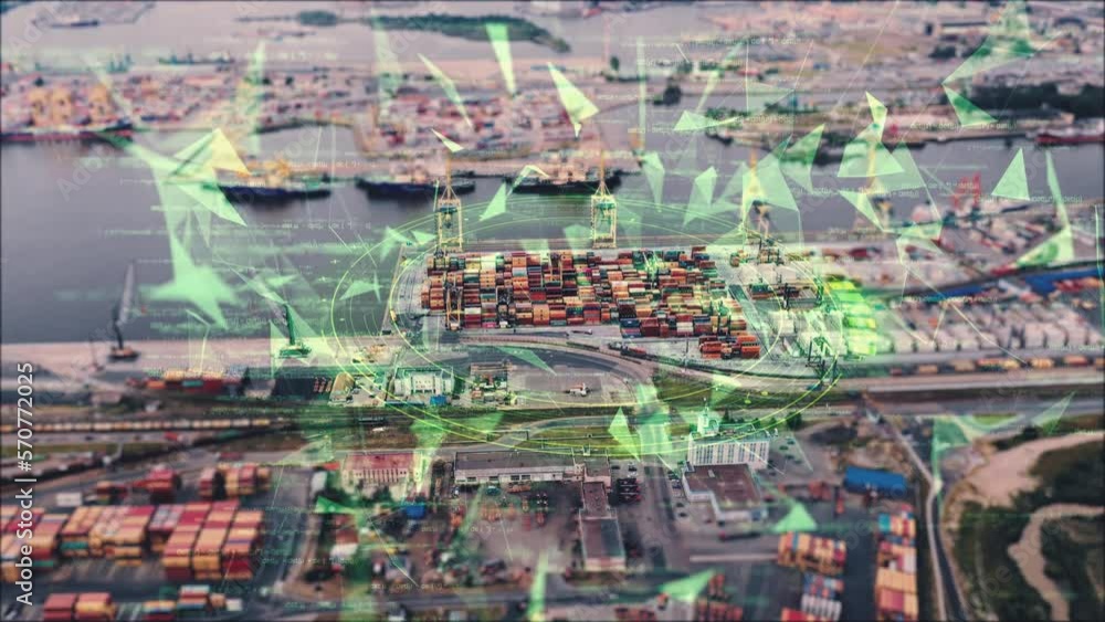 Featuring an aerial view of a bustling containers terminal, this video ...