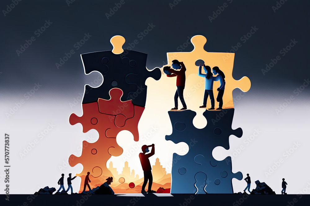 People solving a puzzle together, collaboration, teamwork ...