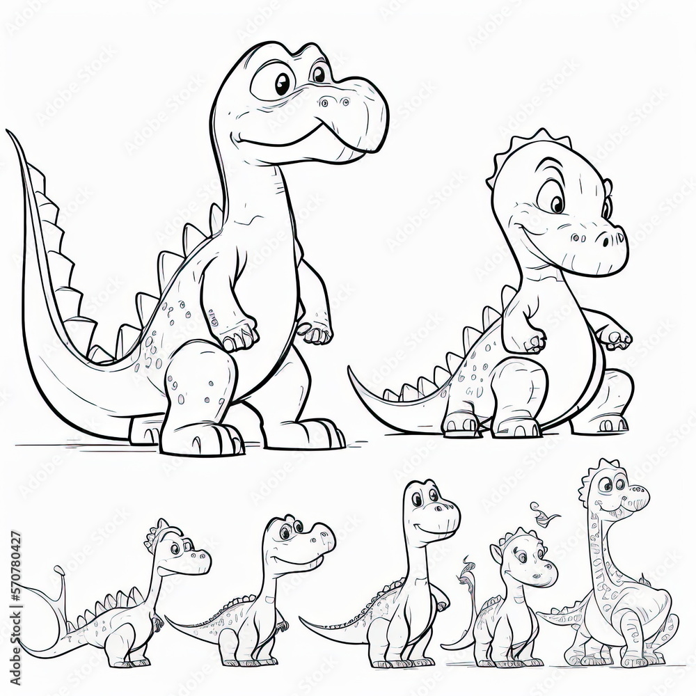 one line drawing of Dinosaurs cartoon, white background, Made by AI ...