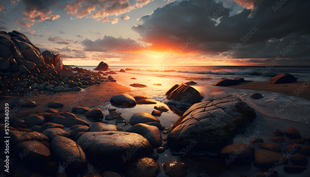 Rocky Beach with a brilliant sunset lighting up the clouds , total ...