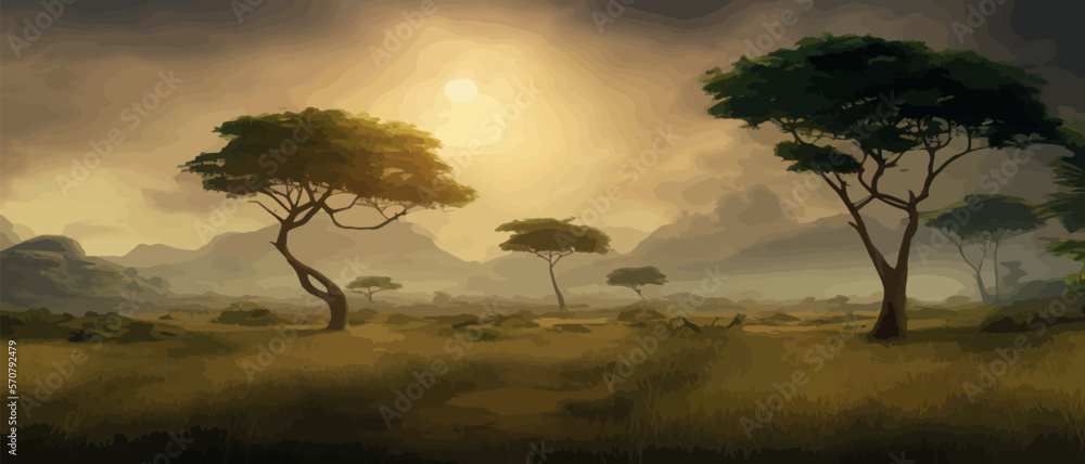 African savanna. Grass, acacia trees and river. Realistic vector ...