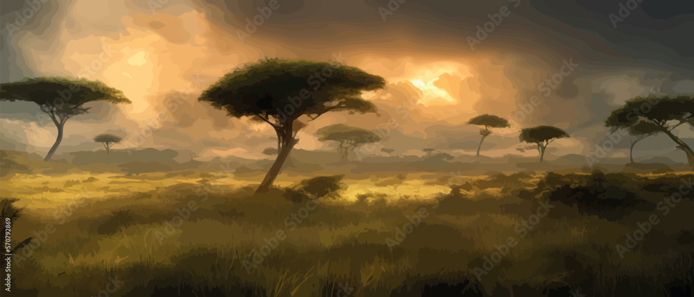 African savanna. Grass, acacia trees and river. Realistic vector ...