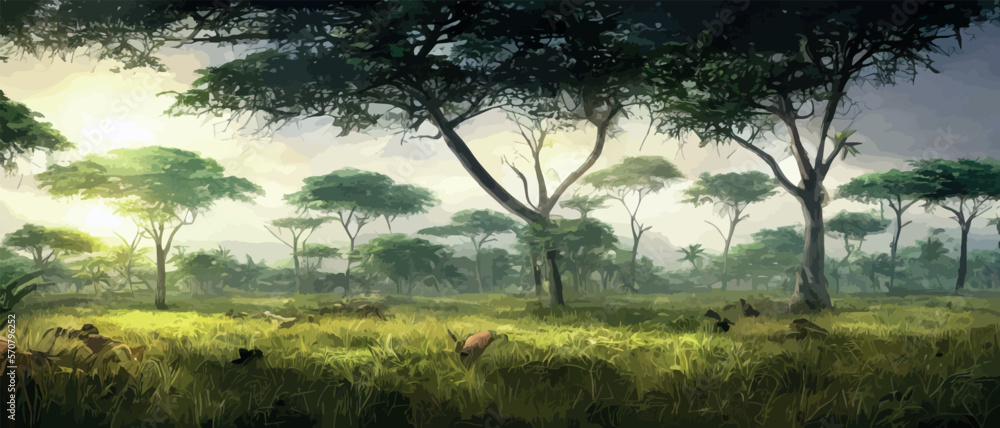 Wild savanna landscape. Savannah, African wild nature with acacia trees ...
