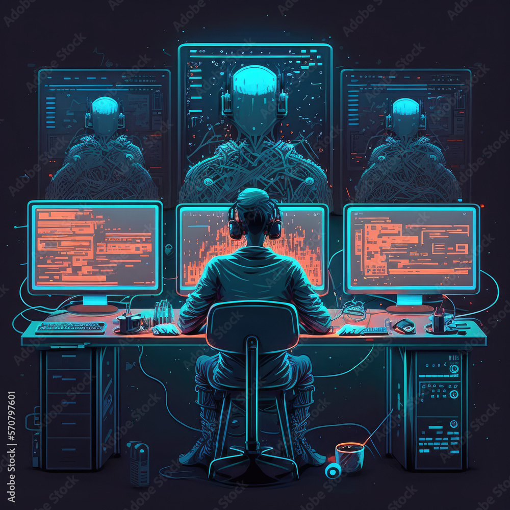 Programmer Working On Computers With Multiple Monitors Created Using Generative Artificial