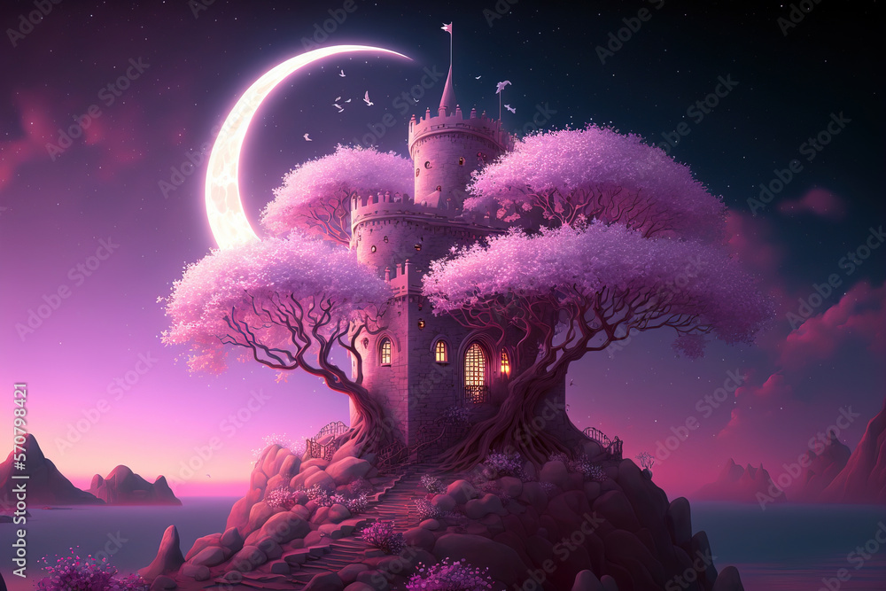 Magic castle against backdrop of a large crescent moon in night sky ...
