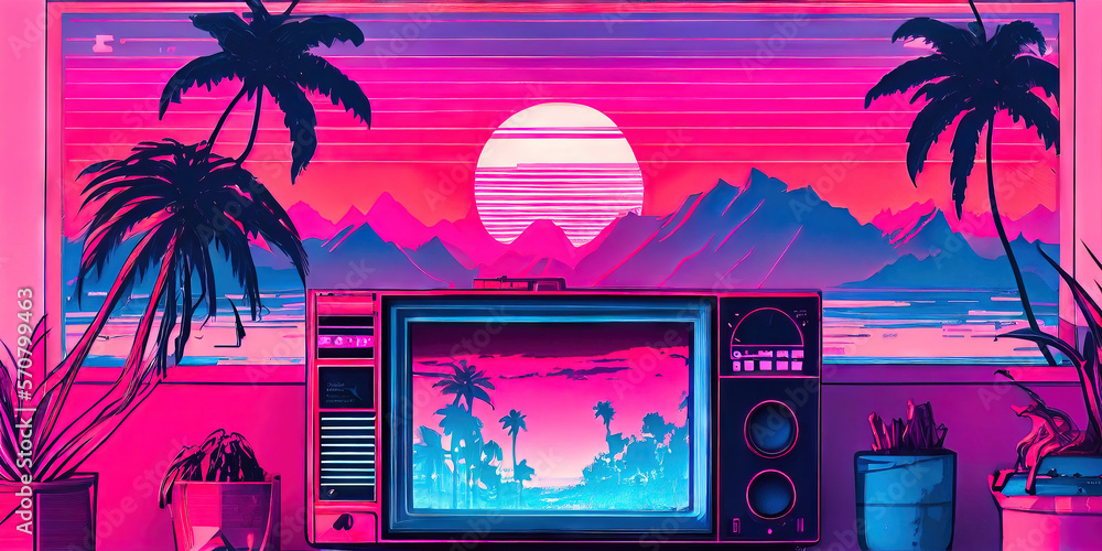 Outrun Synthwave style - 1990s retro aesthetic with palm trees and ...