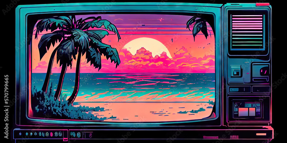 Outrun Synthwave style - 1990s retro aesthetic with palm trees and ...