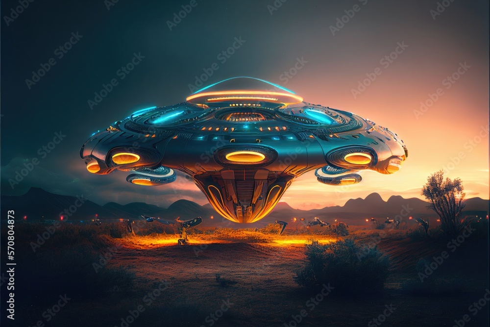 Flying extraterrestrial alien spaceship landed over the steppe, a ...