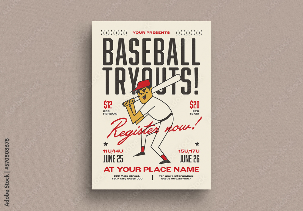 Retro BaseBall Tryouts Flyer Stock Template | Adobe Stock