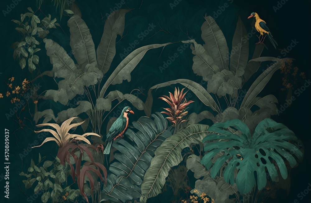 Wallpaper palm tropical forest vintage jungle pattern with birds dark ...