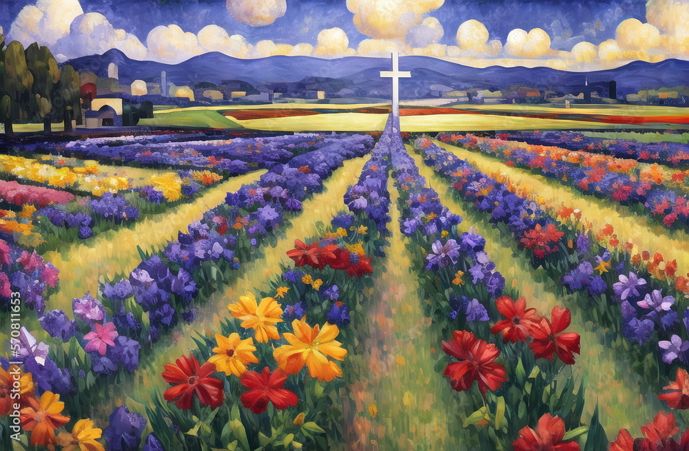 Christian Cross in the middle of flower field. Good Friday Palm Sunday ...