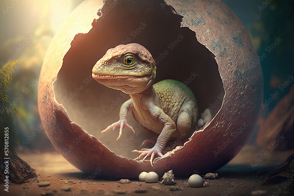 Baby dinosaur hatching from an egg, created using generative artificial ...