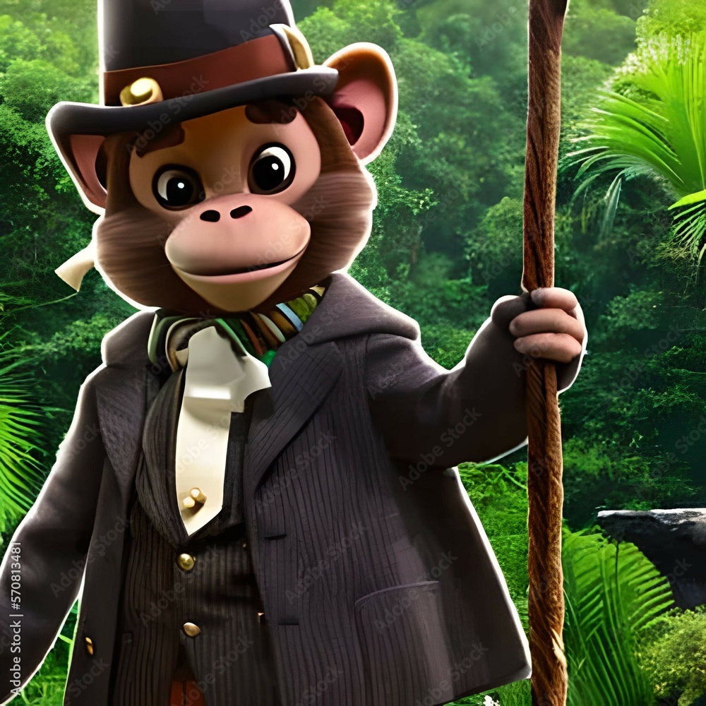 An animated monkey with a playful expression is holding a stick in its ...