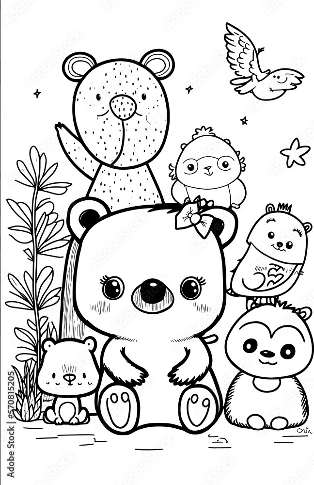 black and white coloring page for kids, line art, simple cartoon style ...
