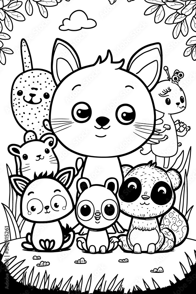 black and white coloring page for kids, line art, simple cartoon style ...