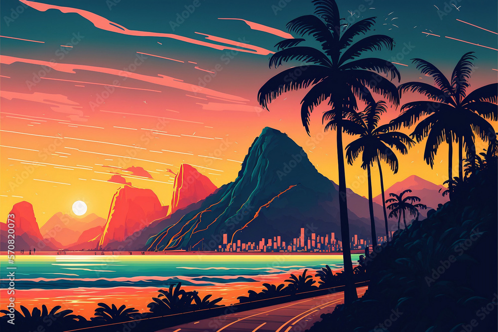 Beautiful Rio de Janeiro landscape illustration, relaxing Sunset with ...