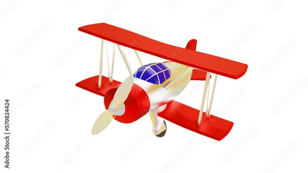 3D model of a toy biplane with a rotating propeller on a white ...