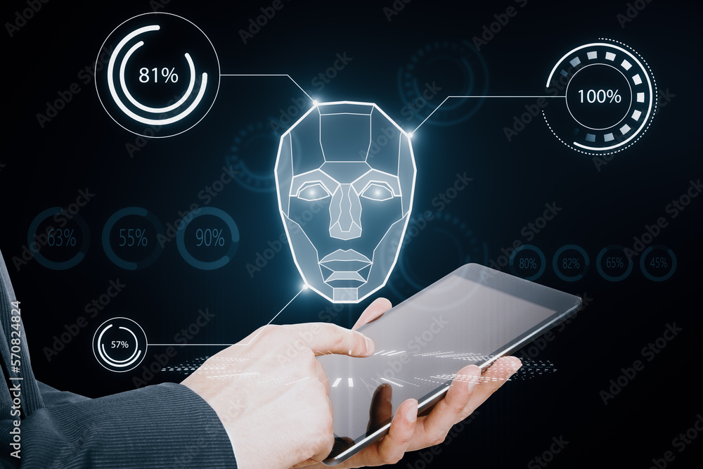 AI system in hologram human head with HUD display elements. Artificial ...