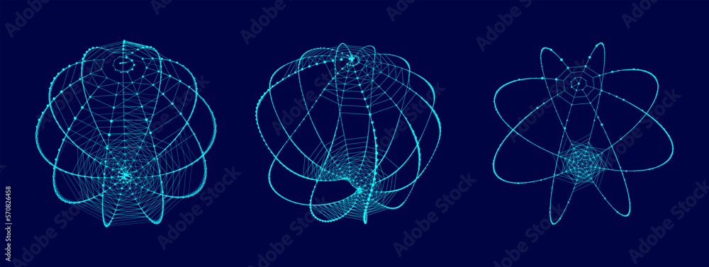 Set of abstract spheres from points and lines on a blue background ...
