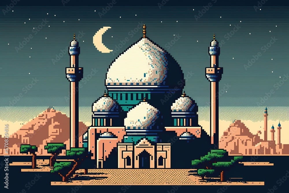 8 bit mosque cartoon Muslim religion place to pray generative ai Stock ...
