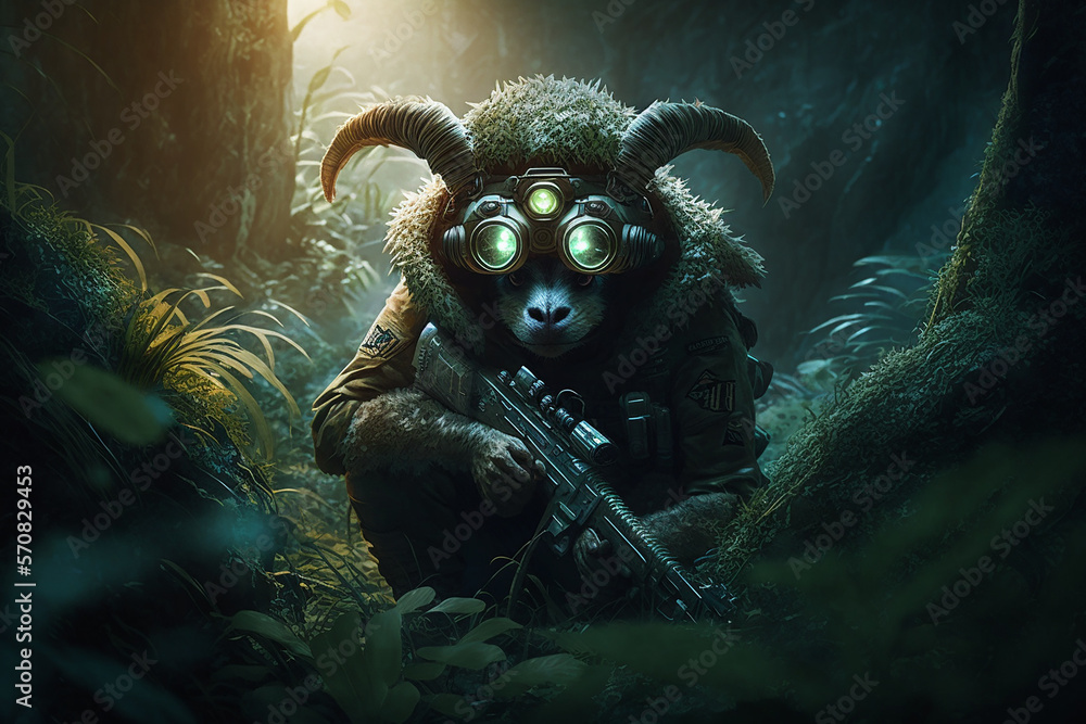 The goat in a sniper uniform is hiding in the dark forest. The goat ...