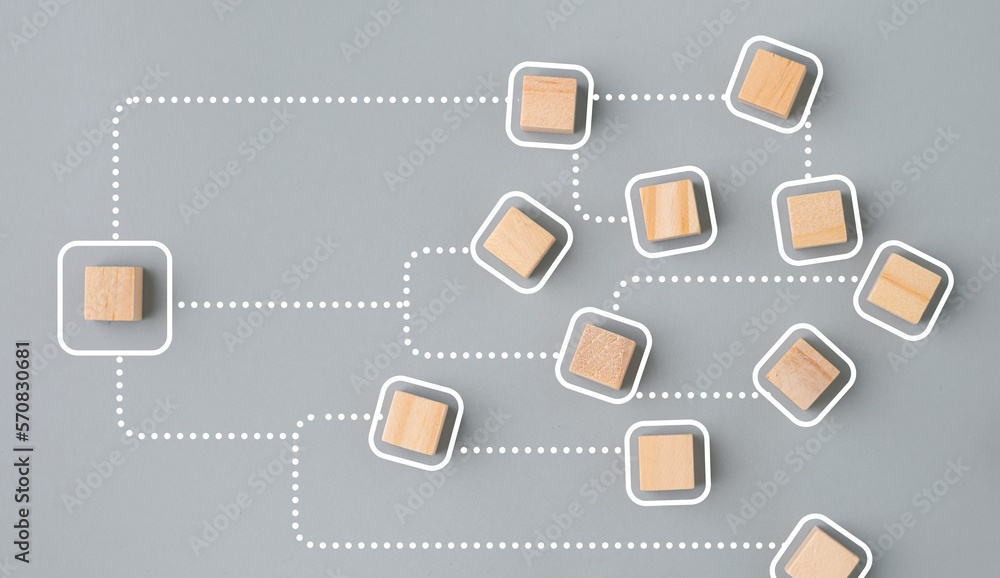 wooden cube block arrange for management thinking diagram on grey ...