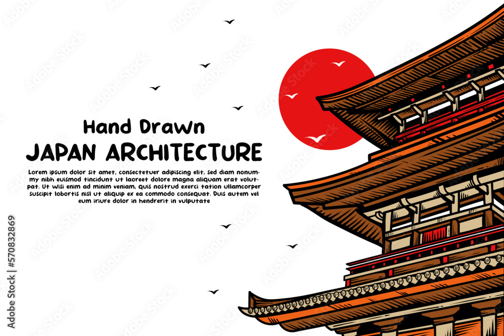 hand drawn japanese temple architecture wallpaper template for business ...