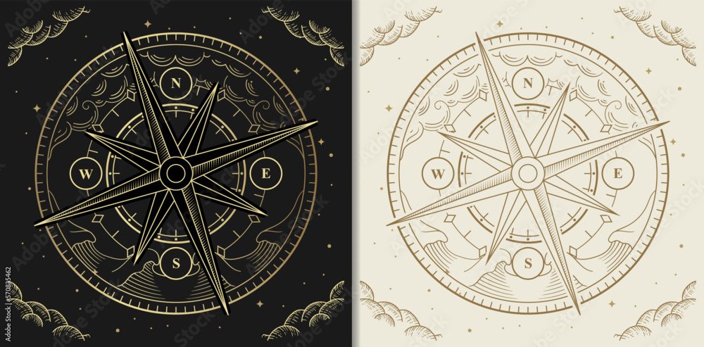 Golden compass with wave and cloud decoration Stock Vector | Adobe Stock