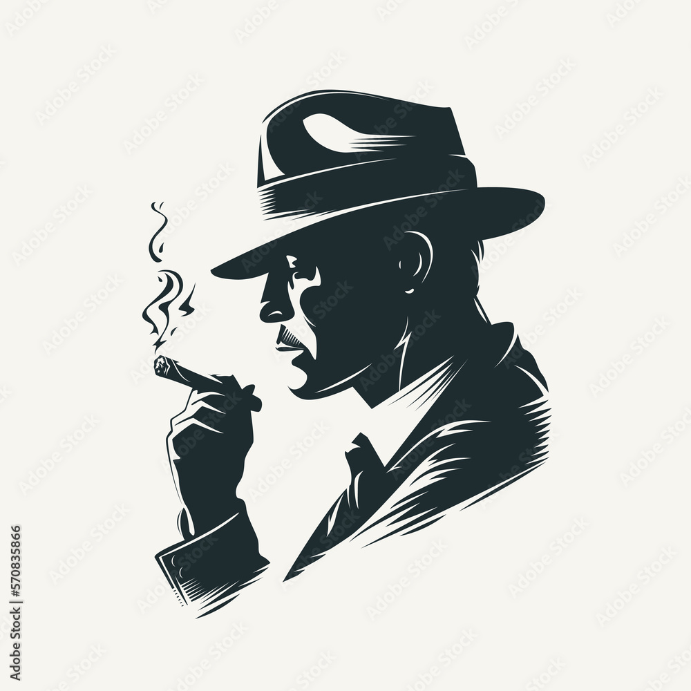 Silhouette of a man in a hat smoking a cigar. Retro style vector ...