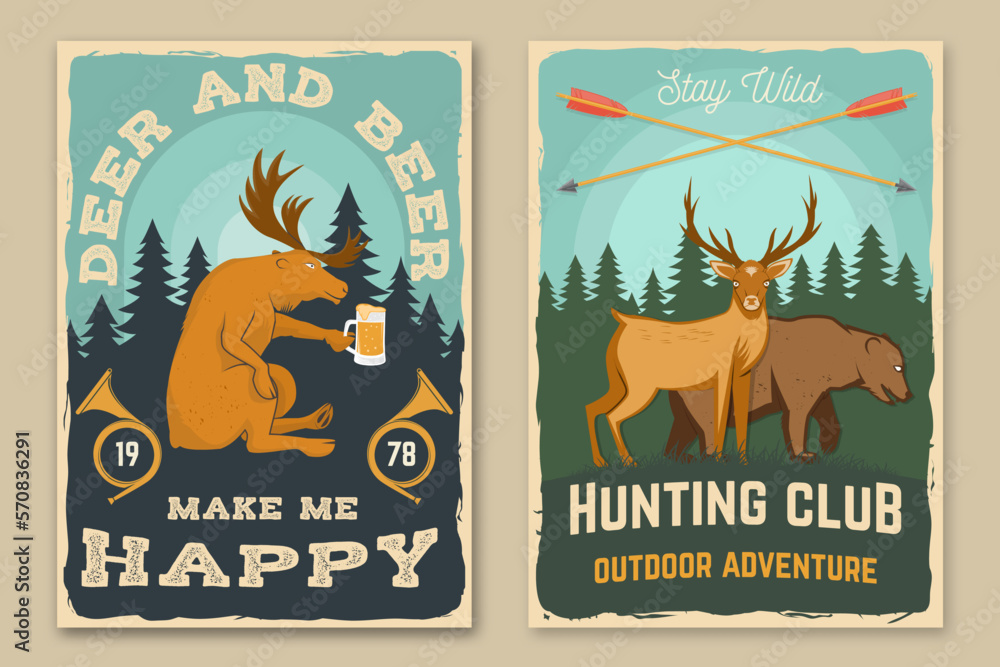 Hunting club retro posters. Deer and beer make me happy. Vector ...