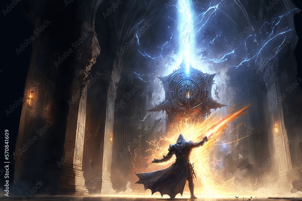 Fantasy scenery of a battle between wizard and monster. Fantasy scenery ...