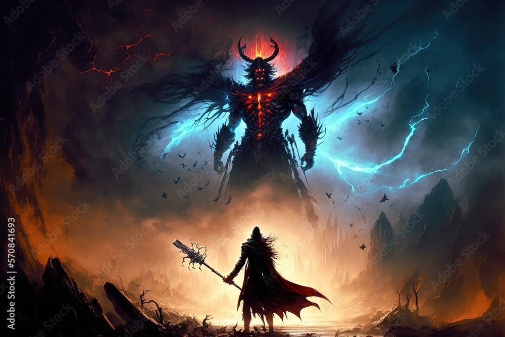 Fantasy scenery of a battle between wizard and monster. Fantasy scenery ...