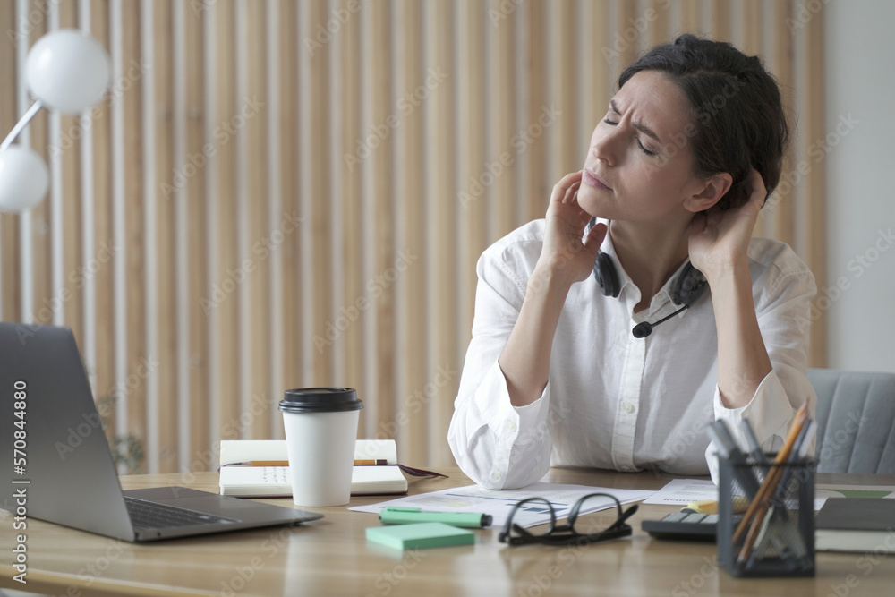 Overworking remote call center operator lady suffers from fatigue and ...