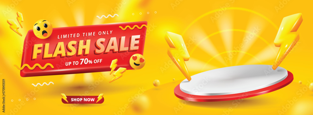 3D Flash sale promo banner template with podium and flying discount ...