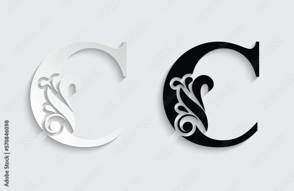 letter C. Black flower alphabet. Beautiful capital letters with shadow ...