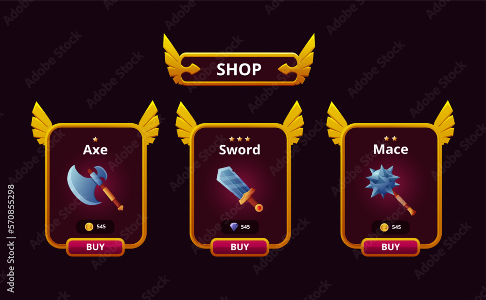 Fantasy game cards. Medieval UI frames. Gaming shop interface. Arcade ...
