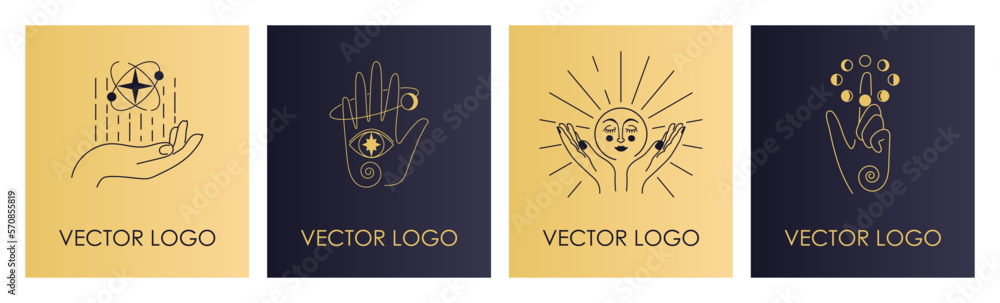 Mystic logo set. Line sun, moon and star hand logo. Magic outline ...