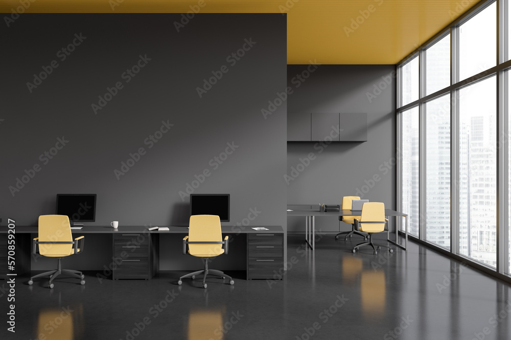 Grey office room interior with coworking area, panoramic window. Mockup ...