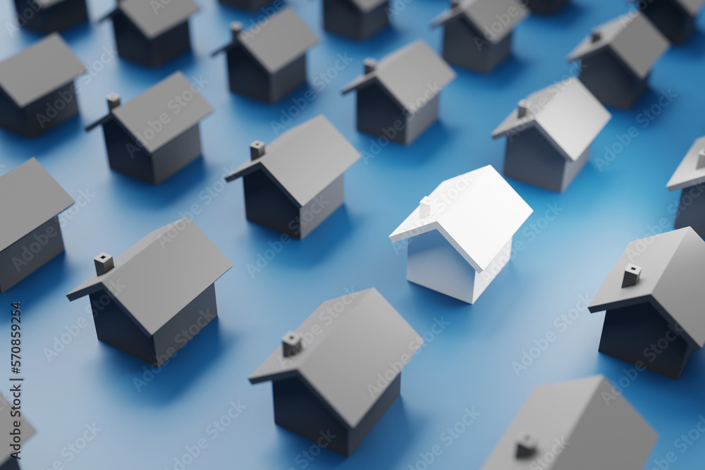 concept of choosing a good house among many houses, 3d rendering Stock ...