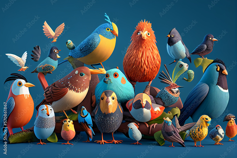 3d cartoon character cute birds on blue background, image ai midjourney ...