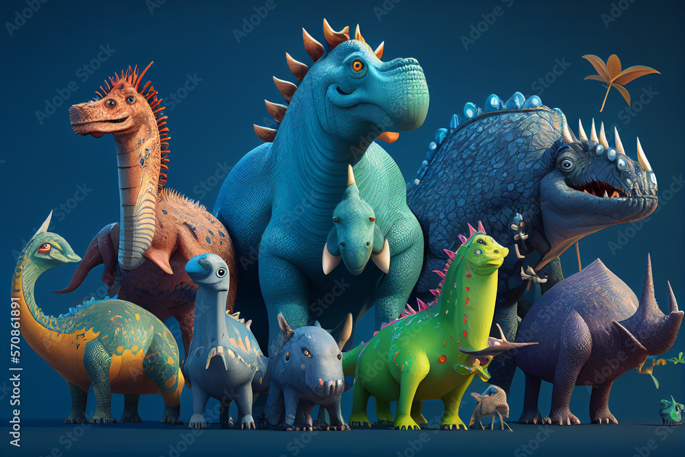 3d cartoon character cute many species of dinosaurs, on blue background ...