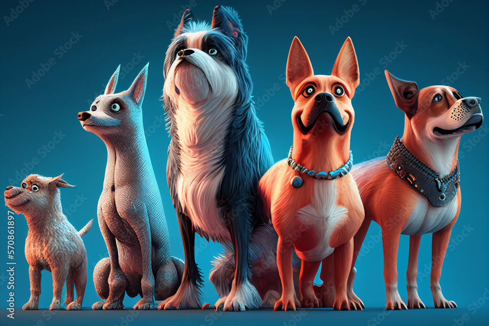 3d cartoon character cute many species of dogs, on blue background ...