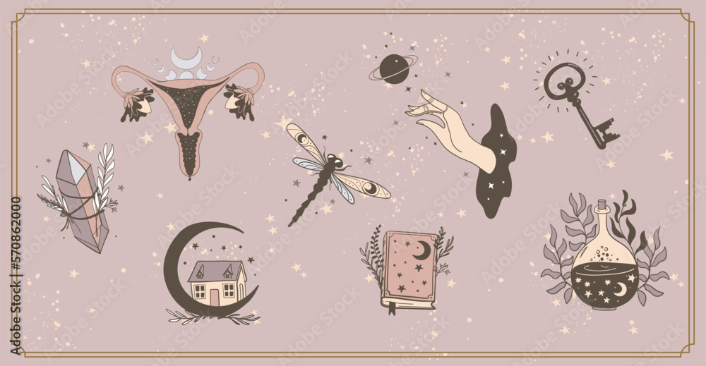 Set of mystical female symbols for witch, tarot divination, halloween ...