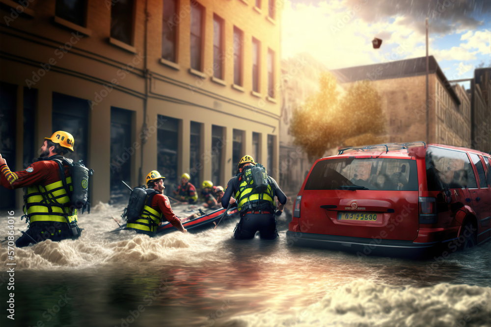 Firefighters rescuing people in floods. Generative AI illustration ...