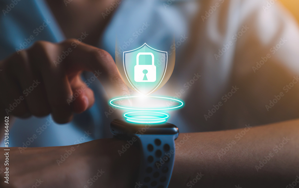 Hand scanning fingerprint on smart watch to unlock, Concept digital ...