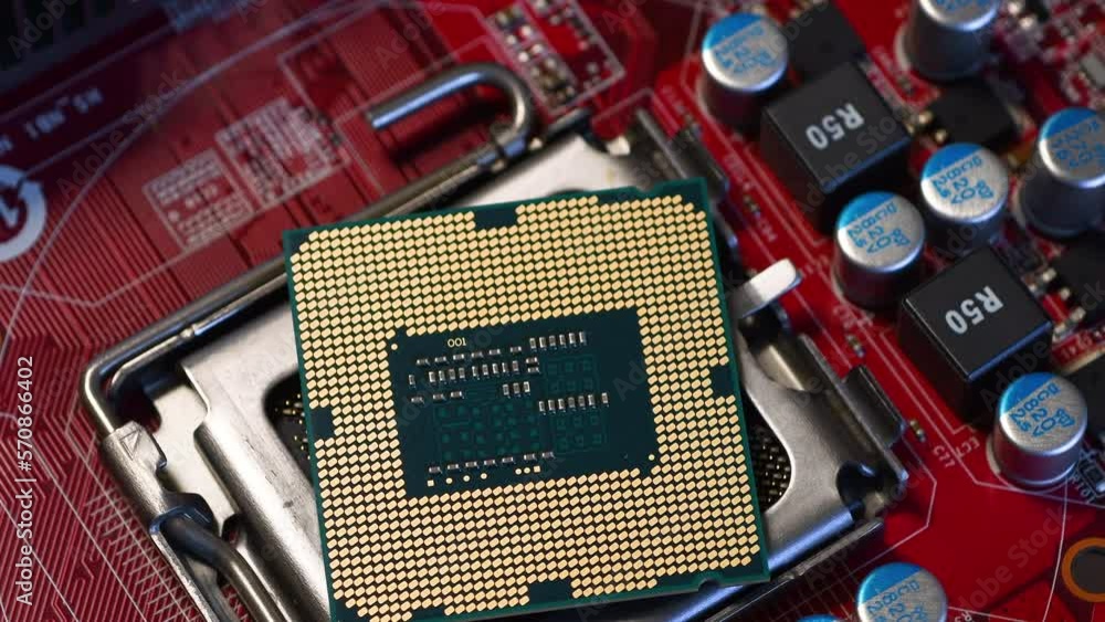 detail of a cpu on the socket of a modern motherboard. Computer ...